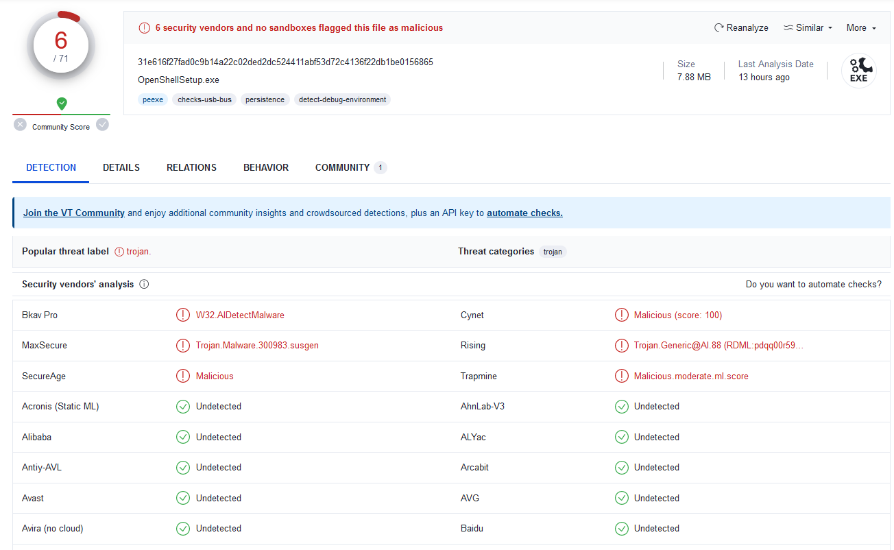 VirusTotal Scan - 6 issues · Issue #1638 · Open-Shell/Open-Shell-Menu · GitHub