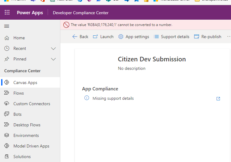 [CoE Starter Kit - BUG] Error When opening canvas app Detail in the Developer Compliance Centre ...