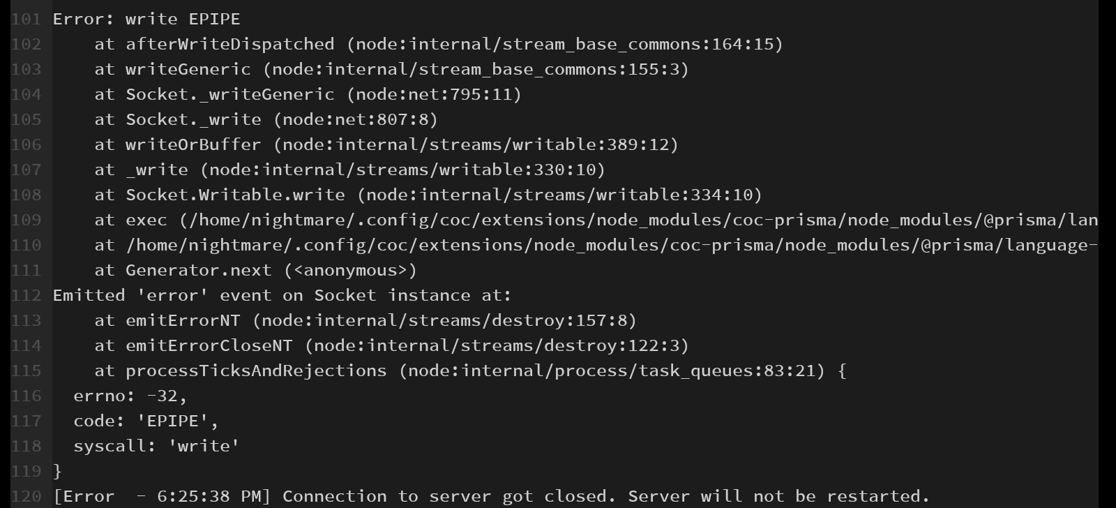 Prisma language server crashes repeatedly · Issue #932 · prisma/language-tools · GitHub