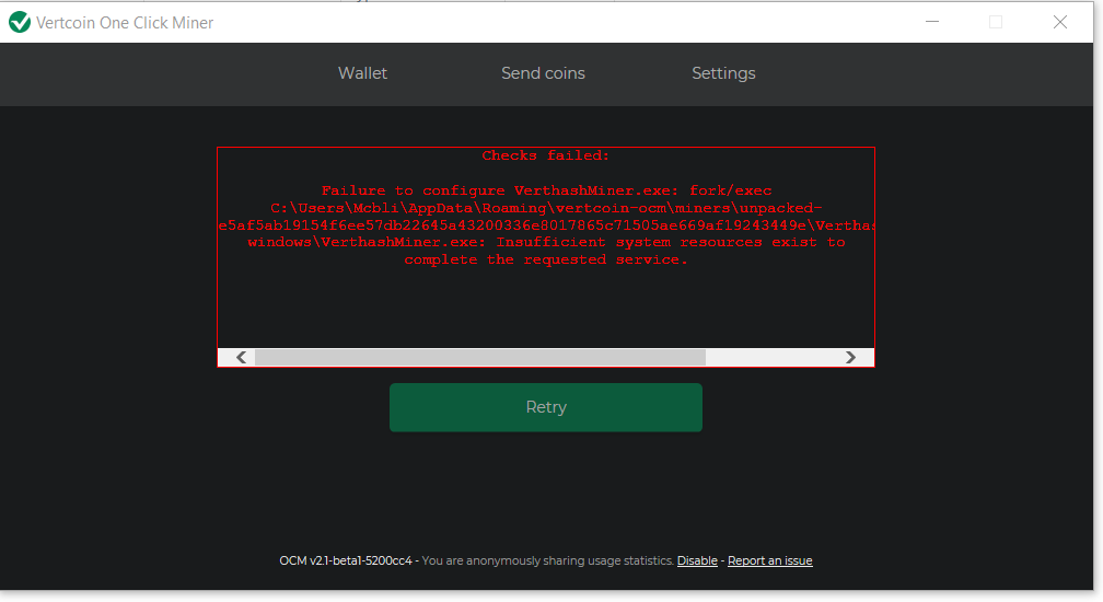 insufficient system resources · Issue #332 · vertcoin-project/one-click-miner-vnext · GitHub