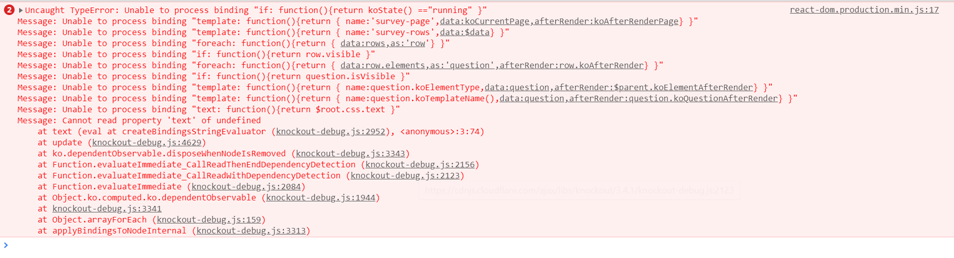 Unable to process binding "template: function (){return { name:'survey-content',afterRender ...
