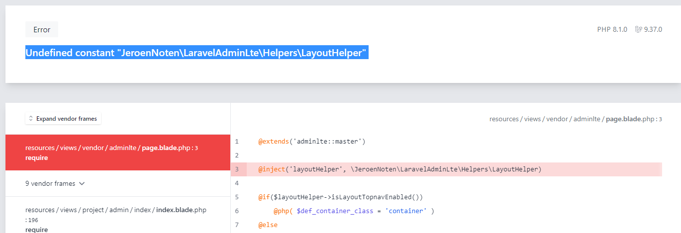 Undefined Constant Jeroennoten Laraveladminlte Helpers Layouthelper [bug] · Issue 1137