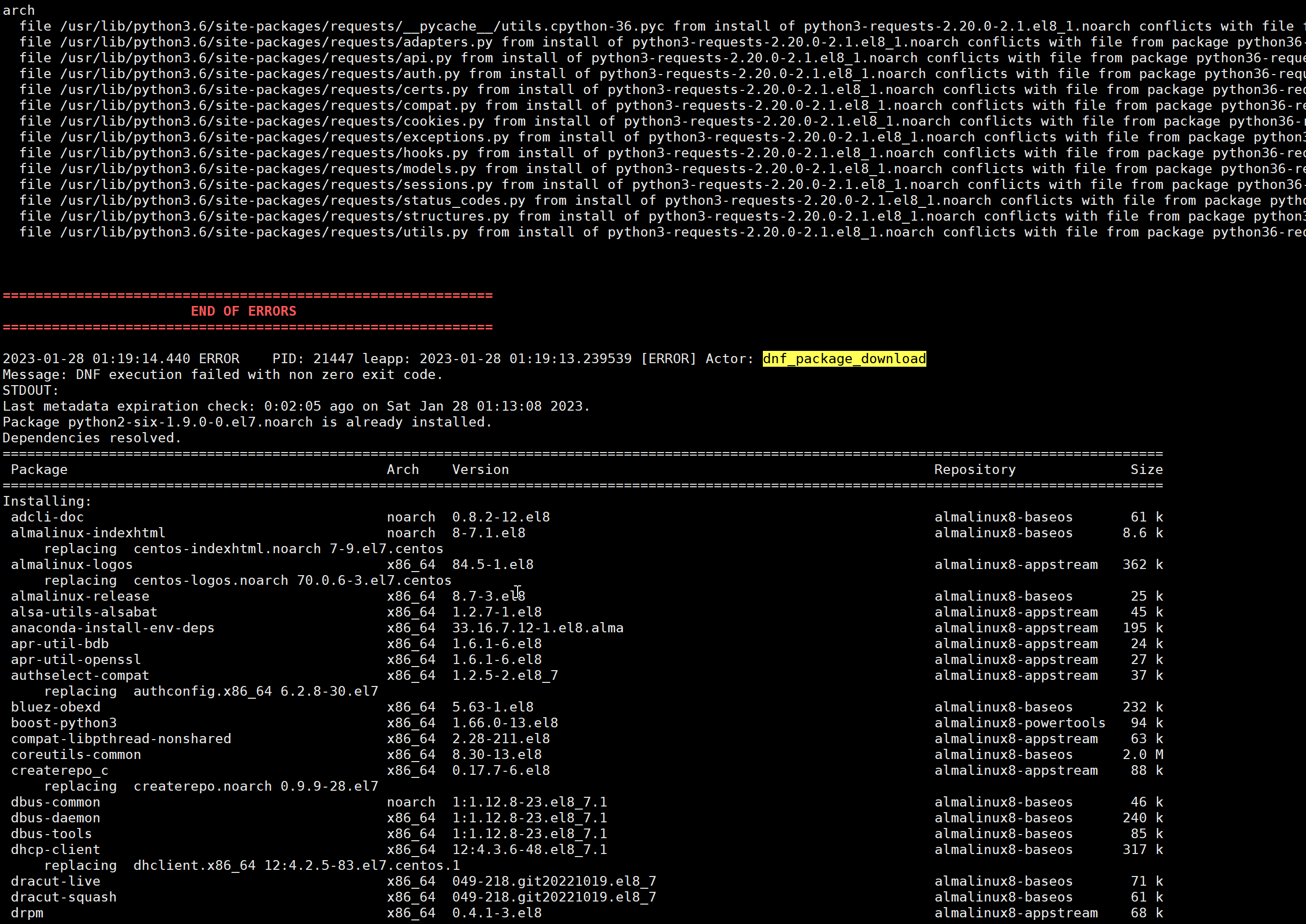 leapp update failed on the Actor of dnf_package_download · Issue #162 · AlmaLinux/almalinux ...