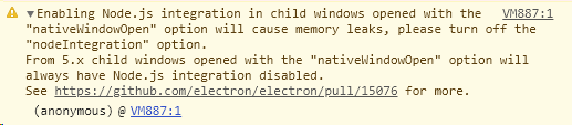 Enabling Node.js integration in child windows opened with the "nativeWindowOpen" option will ...