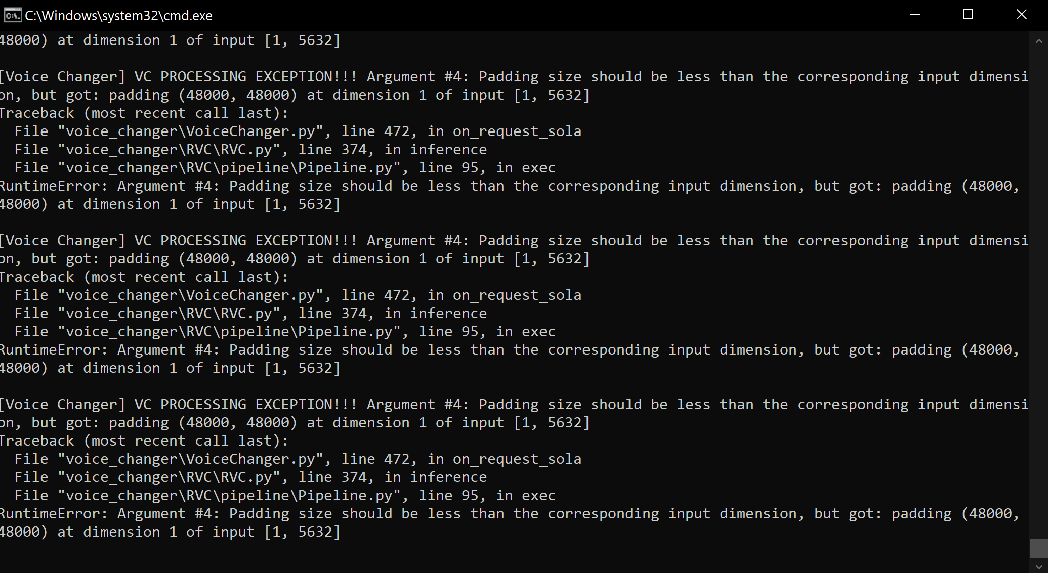 Argument #4: Padding size should be less than the corresponding input dimension, but got ...
