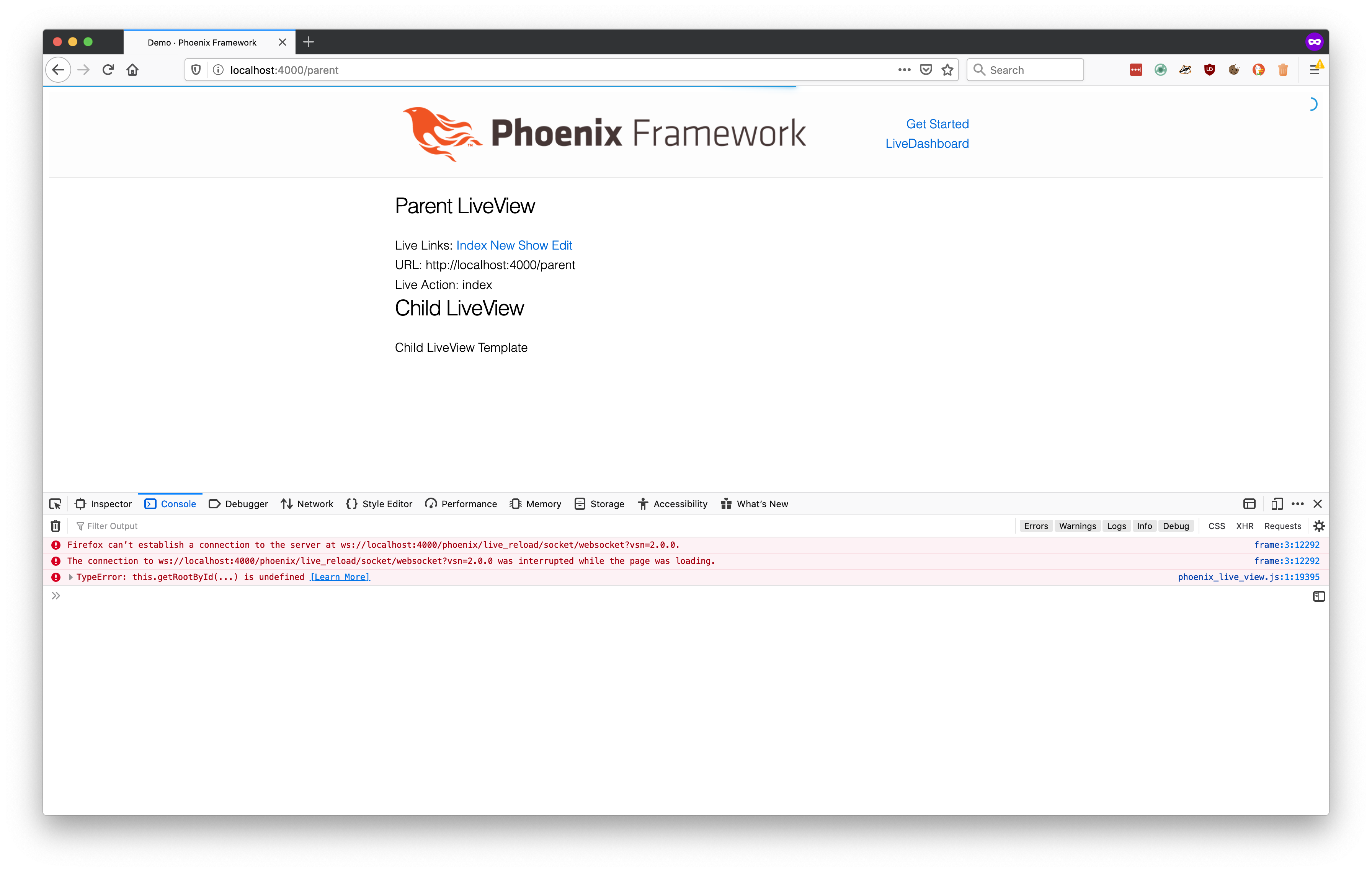 phx-click does not reach the function in phx-target. Error: this.getRootById(...) is undefined ...