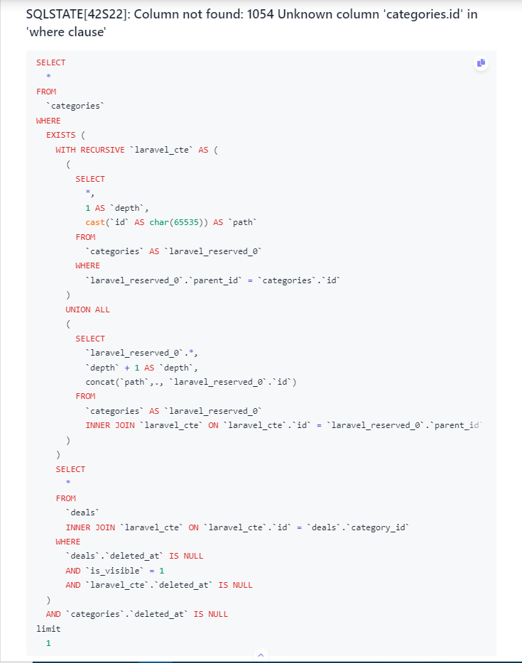 Error While Filtering With Hasmanyofdescendantsandself · Issue 150 · Staudenmeir Laravel