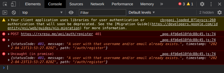 [BUG] Registering with a username that already exists has no user ...