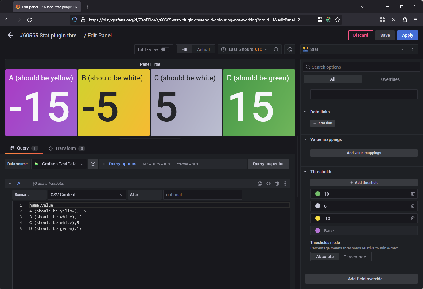 Stat plugin threshold colouring not working · Issue #60565 · grafana/grafana · GitHub
