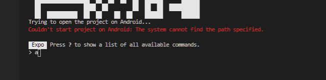Expo React Native couldn't start project on Android: “The system cannot ...