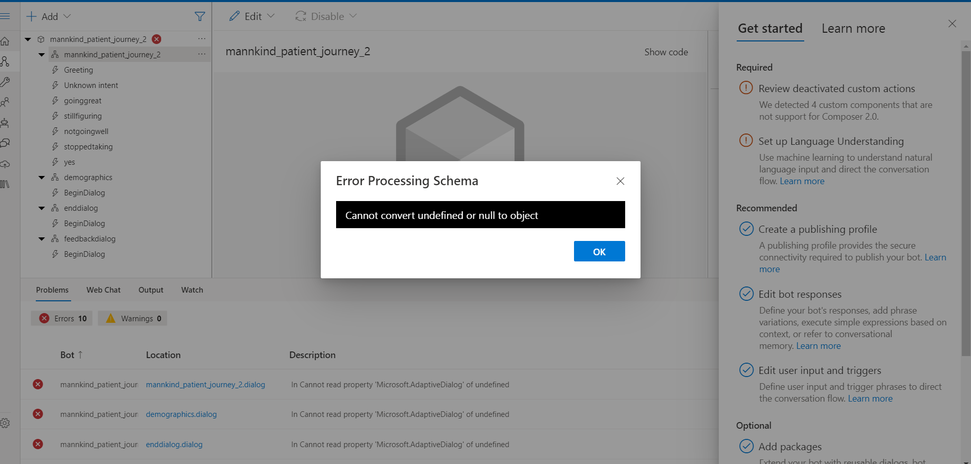 Error when implimenting a custom action: Components of $kind "Microsoft.AdaptiveDialog" are not ...