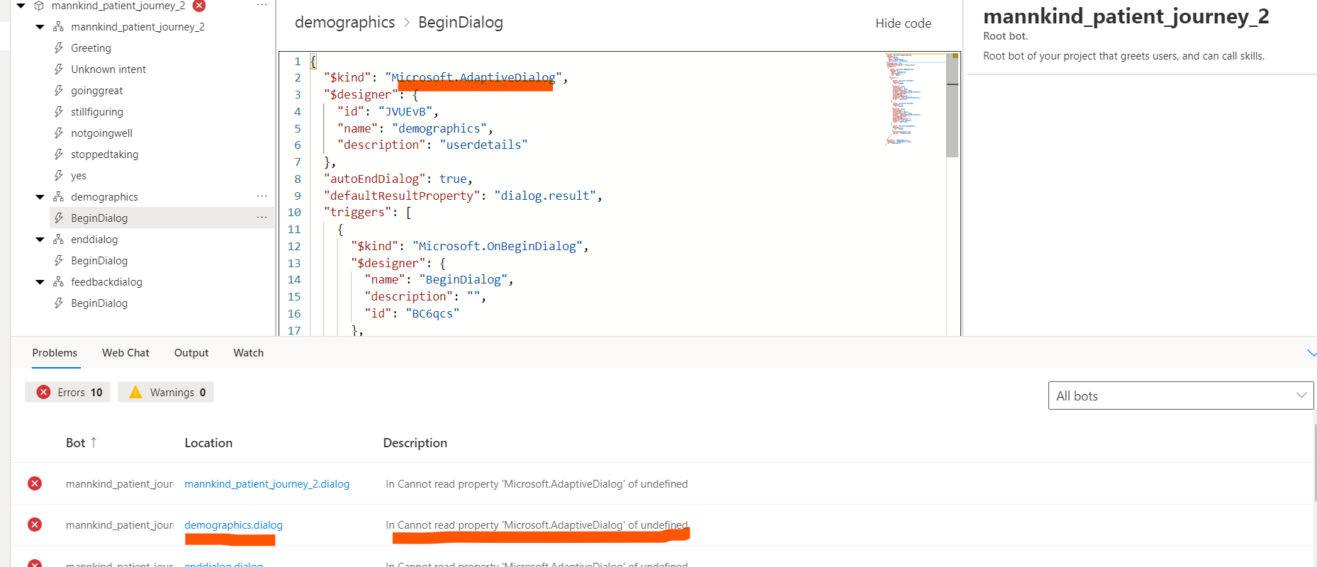 Error when implimenting a custom action: Components of $kind "Microsoft.AdaptiveDialog" are not ...