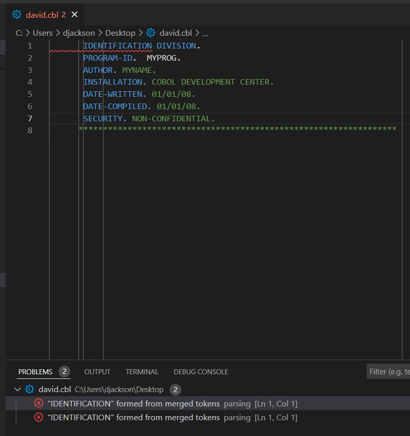 Open or create a COBOL file in z/Open Editor within VSCode and first line is flagged as being in ...
