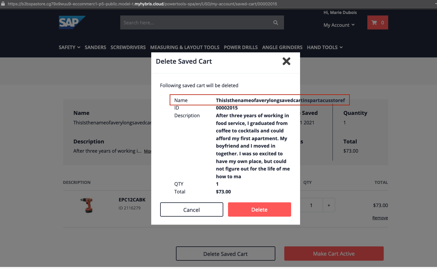 Saved Carts. Minor Misalignment. Long Cart Name · Issue #11787 · SAP/spartacus · GitHub