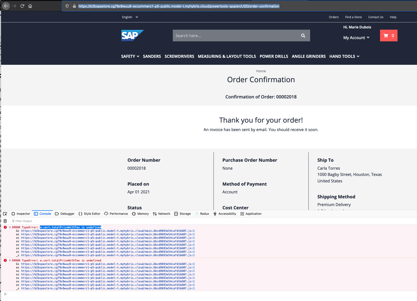 Console Error e.cart.totalPriceWithTax is undefined. Firefox Order Confirmation Page · Issue ...