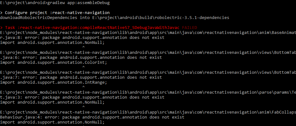 Task React Native Navigationcompilereactnative575debugjavawithjavac