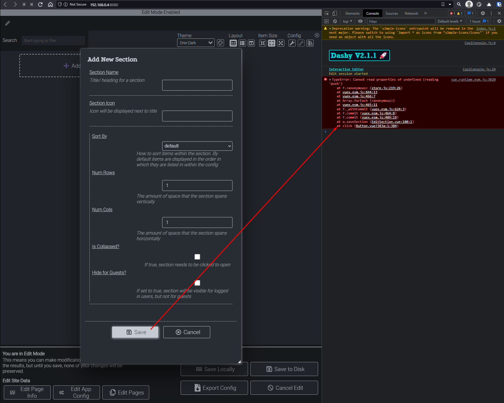 [BUG] Interactive Editor - Add New Section 'Save' Button not working · Issue #1023 · Lissy93 ...