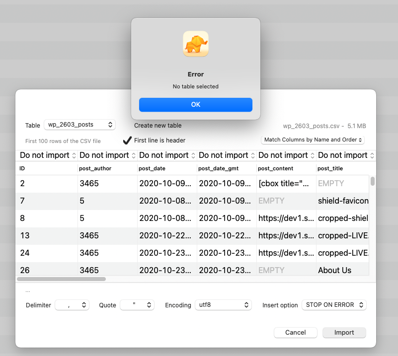 Error No table selected, during import · Issue #2938 · TablePlus/TablePlus · GitHub