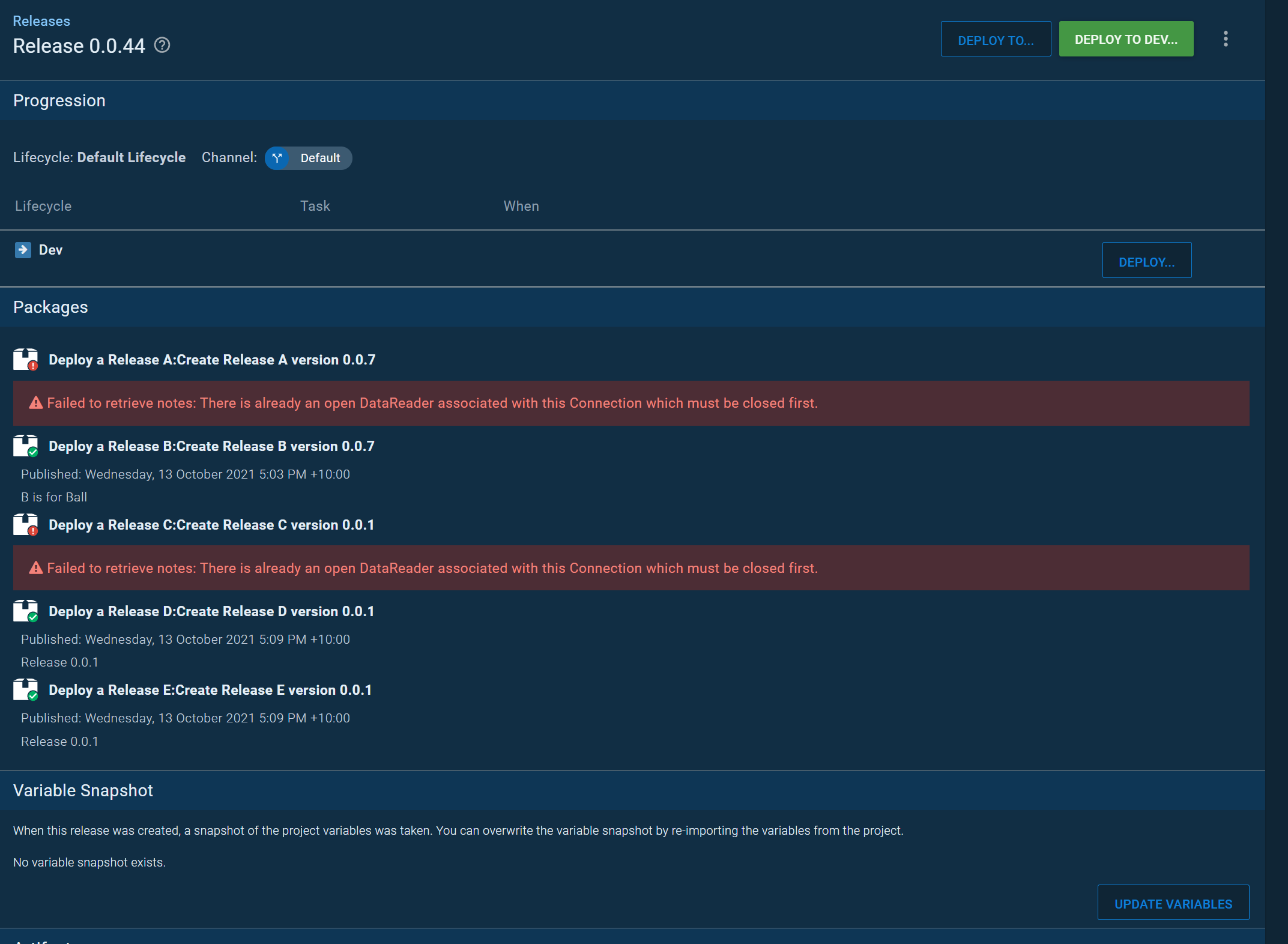 Viewing a release referencing packages created in other releases shows "open data reader" errors ...