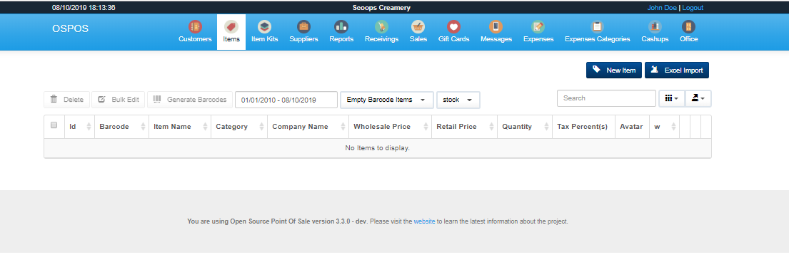 Current Demo is not displaying the Items Table. · Issue #2497 · opensourcepos/opensourcepos · GitHub