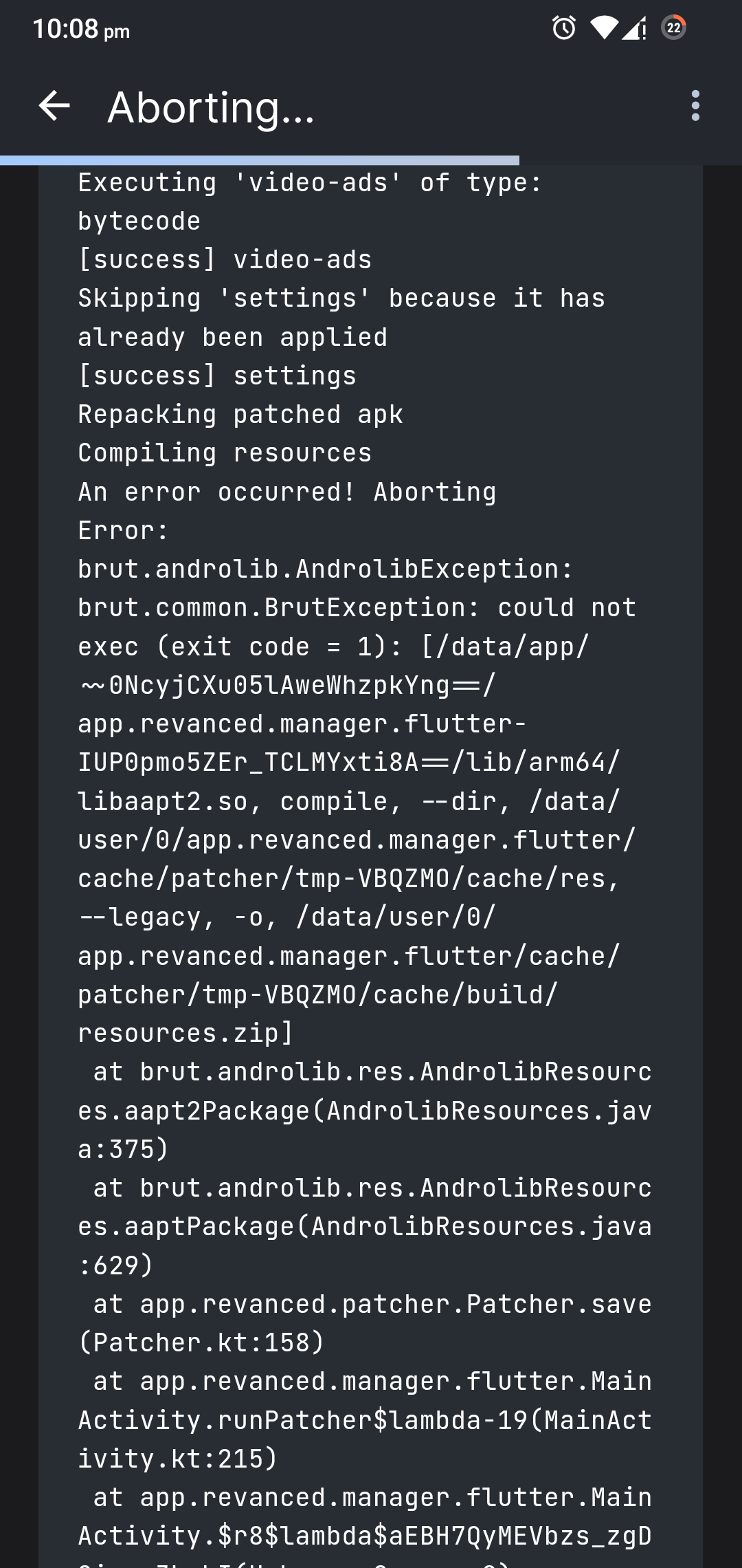 bug: unable to patch, gets aborted with error log · Issue #352 · ReVanced/revanced-manager · GitHub