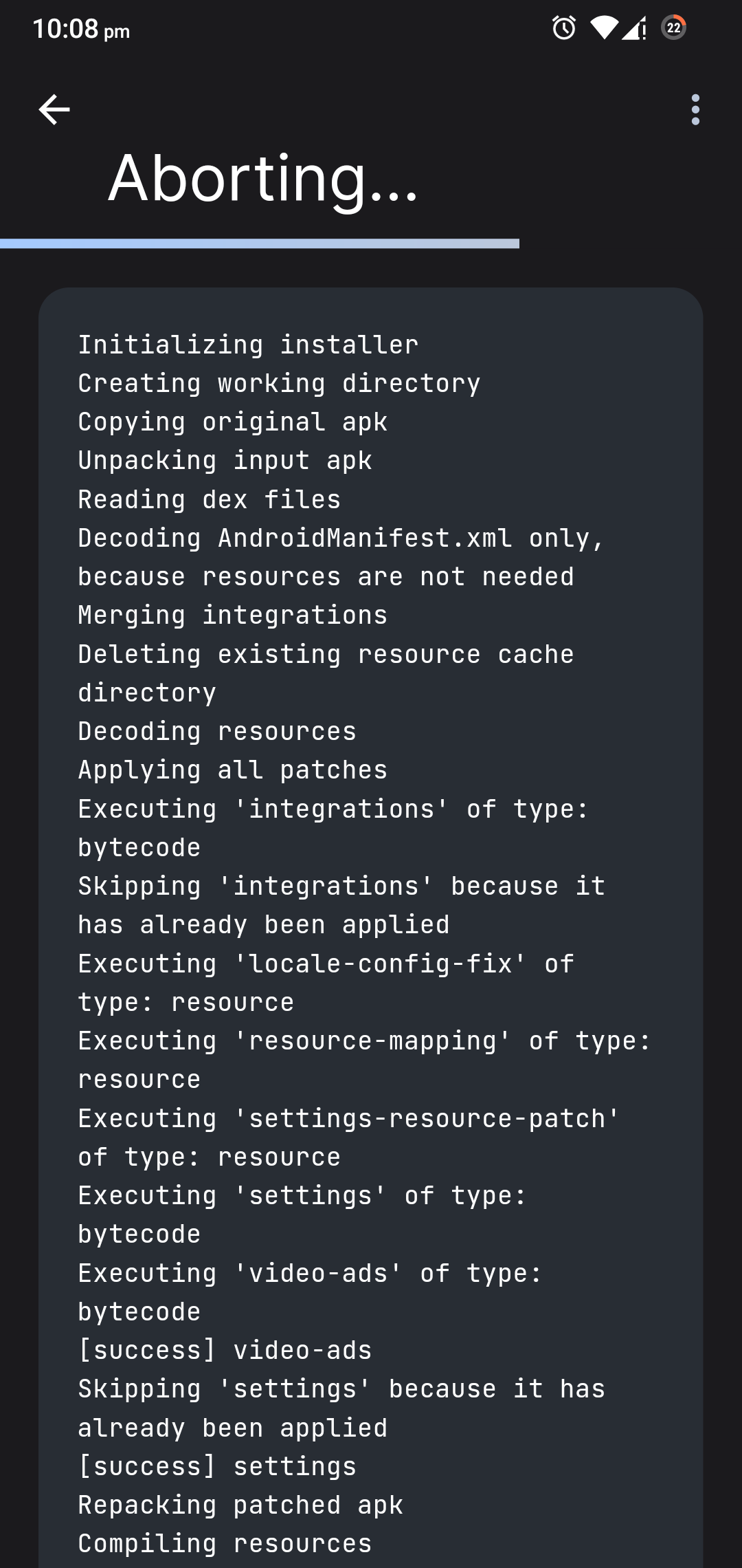 bug: unable to patch, gets aborted with error log · Issue #352 · ReVanced/revanced-manager · GitHub