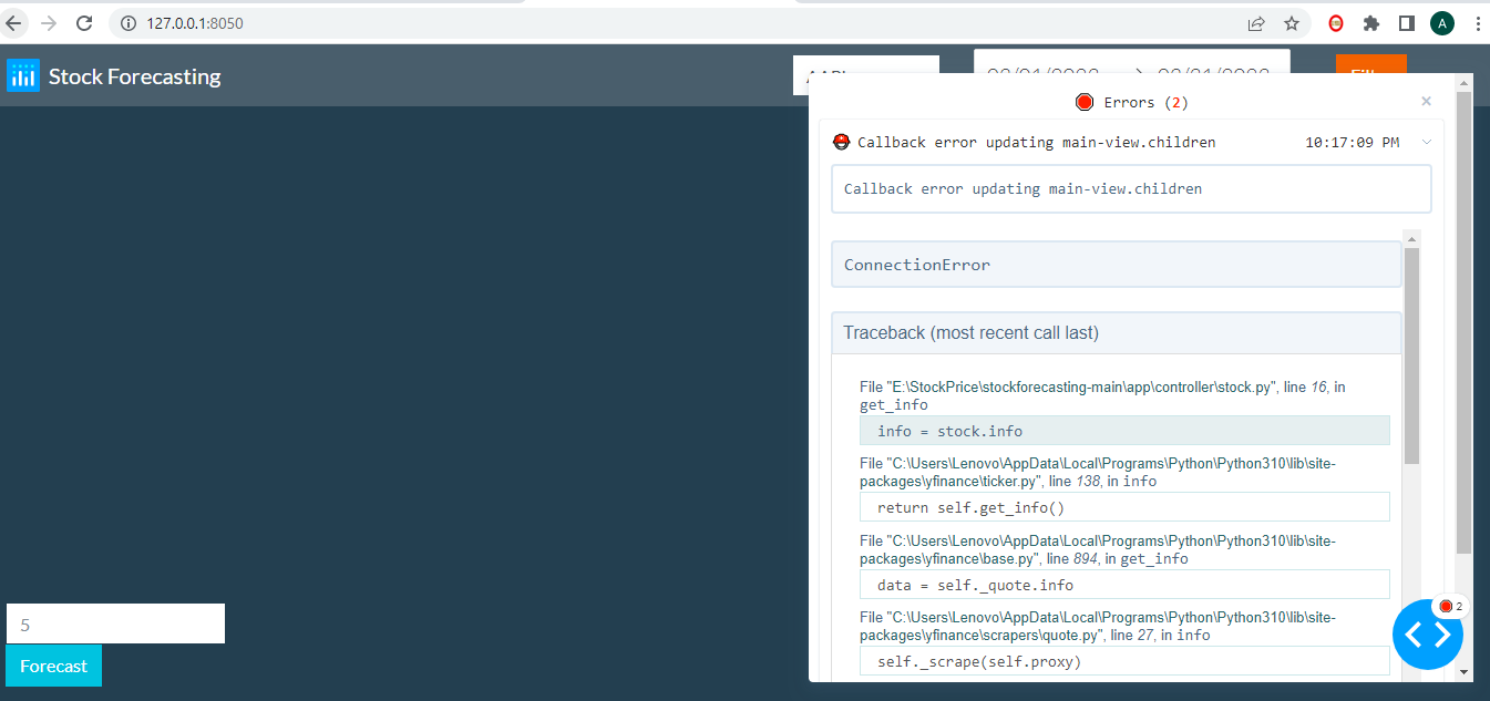 Project is not working. Getting exception · Issue #1 · HannurAnjana/Stock-Forecasting-and ...