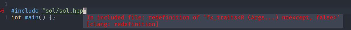 'redefinition of 'fx_traits noexcept, false>' error using sol2 · Issue #1083 · ThePhD/sol2 · GitHub