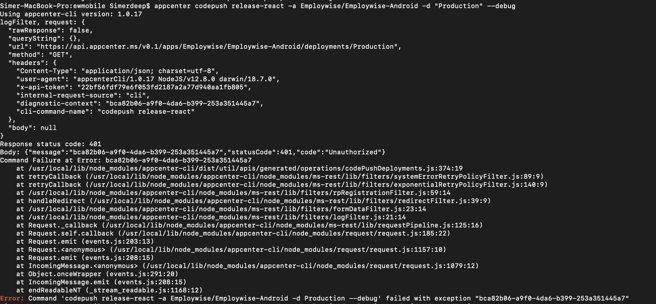 Unauthorized error with Code Push · Issue #1514 · microsoft/appcenter · GitHub