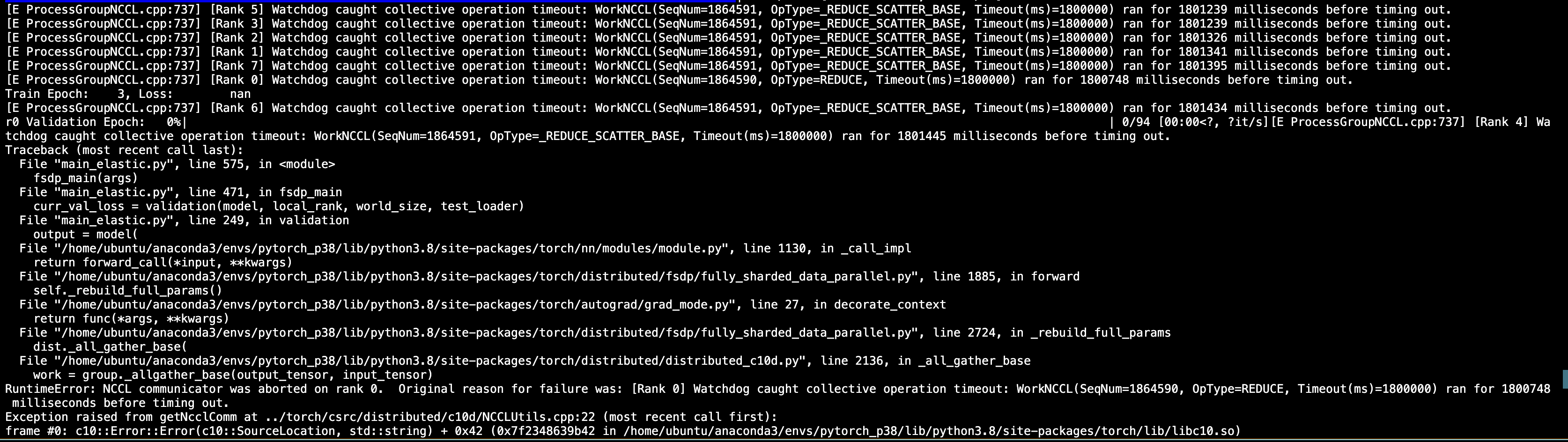 [FSDP] Crashing at end of training epoch, e1 on clusters, e7+ on single node - collective ...