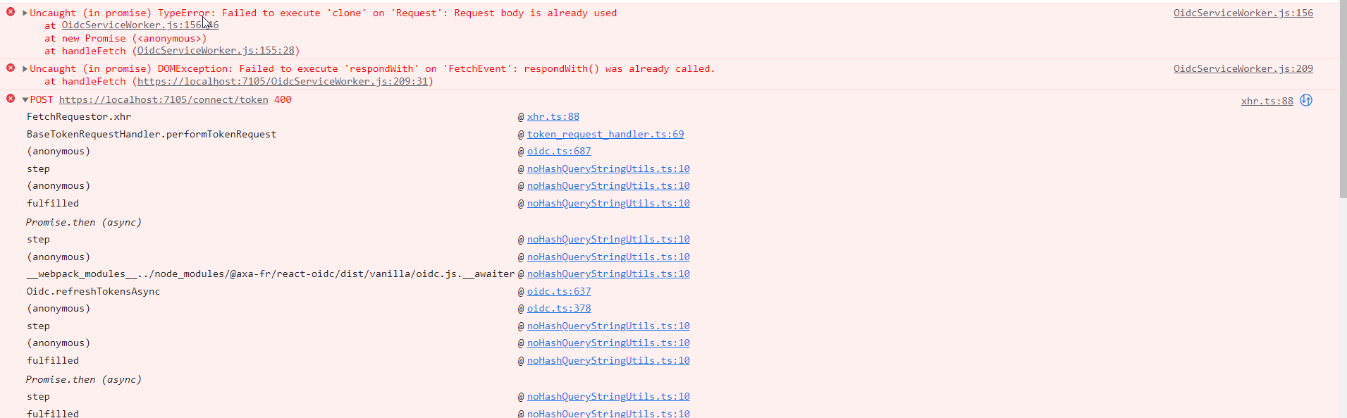 OidcServiceWorker.js: Failed to execute 'clone' on 'Request': Request body is already used ...