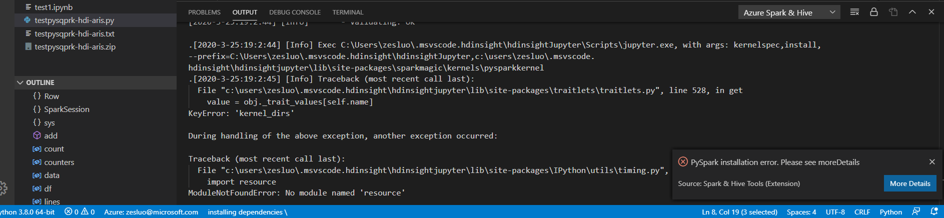 python version >=3.8.0 cannot jupyter install pysparkkerrnel · Issue #10777 · microsoft/vscode ...