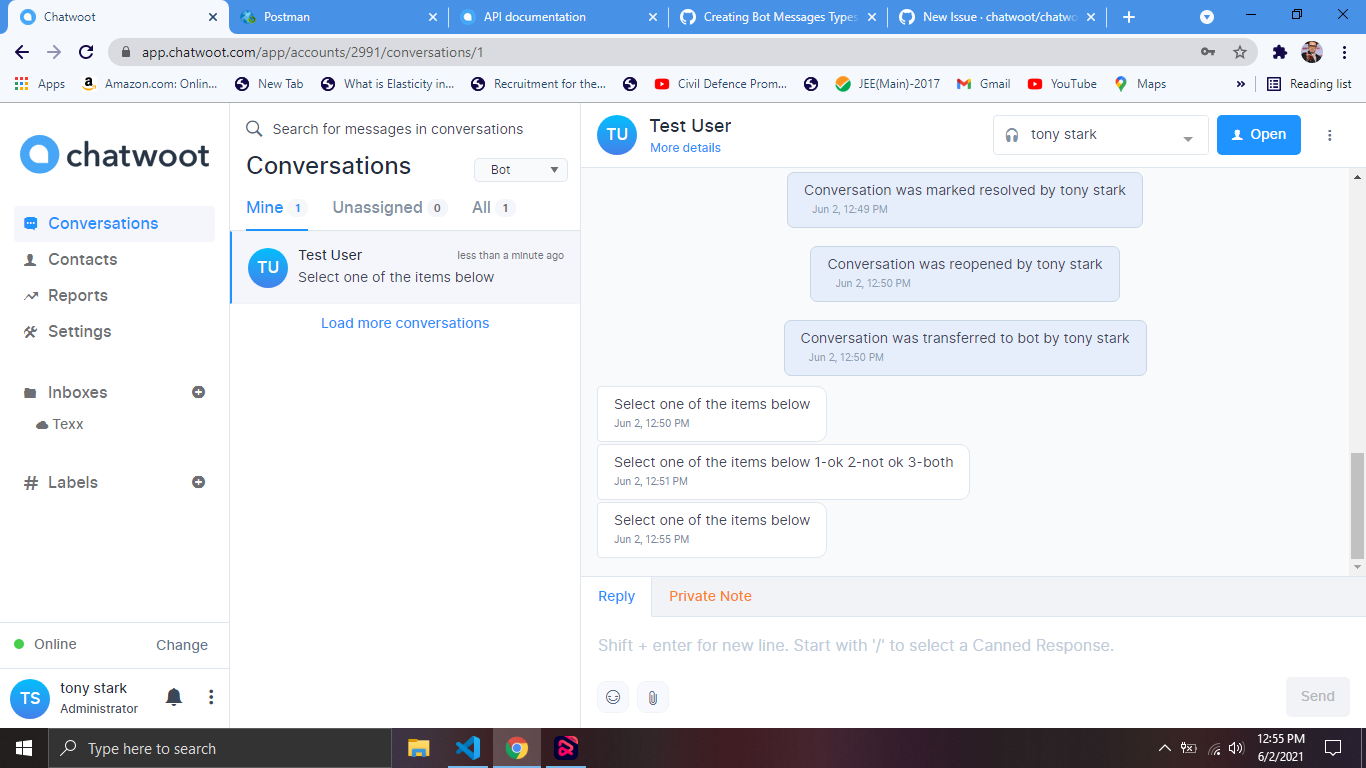 trying to use bot message from article you provided but not working · Issue #2358 · chatwoot ...
