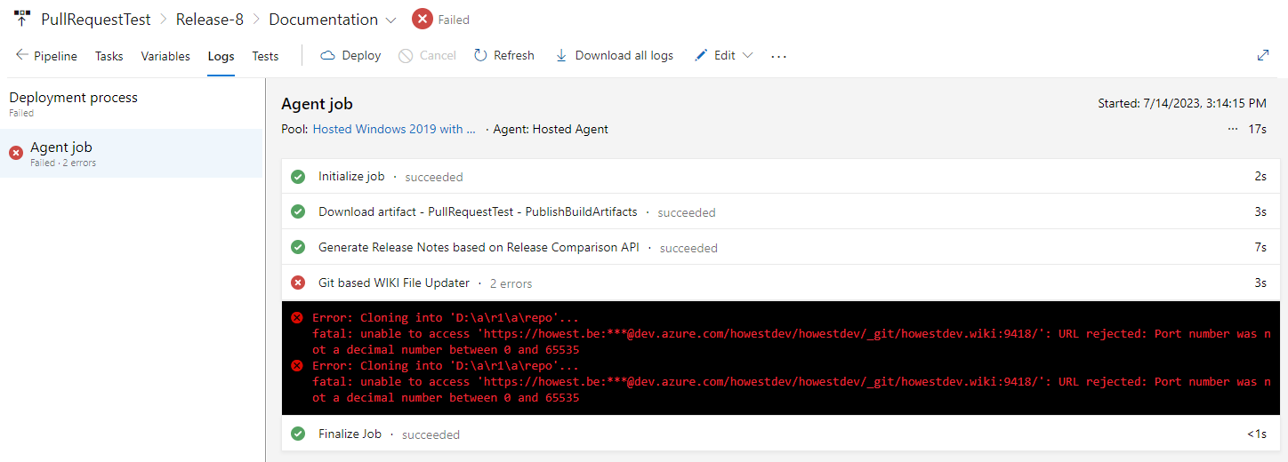 WIKI Updater Tasks in a Release Pipeline: URL rejected: Port number was not a decimal number ...