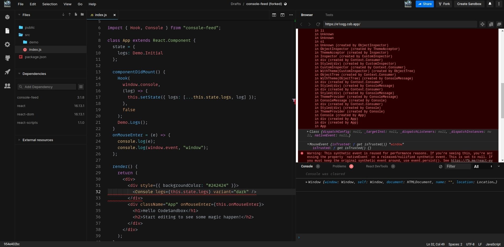 Console Not Working For Js In Static Sandbox · Issue 5264 · Codesandbox Codesandbox Client · Github