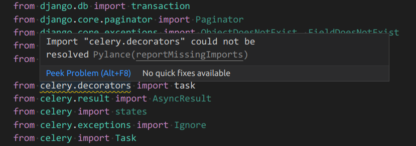 Pylance ReportMissingImports error on celery.decorators (works fine in terminal) · Issue #433 ...