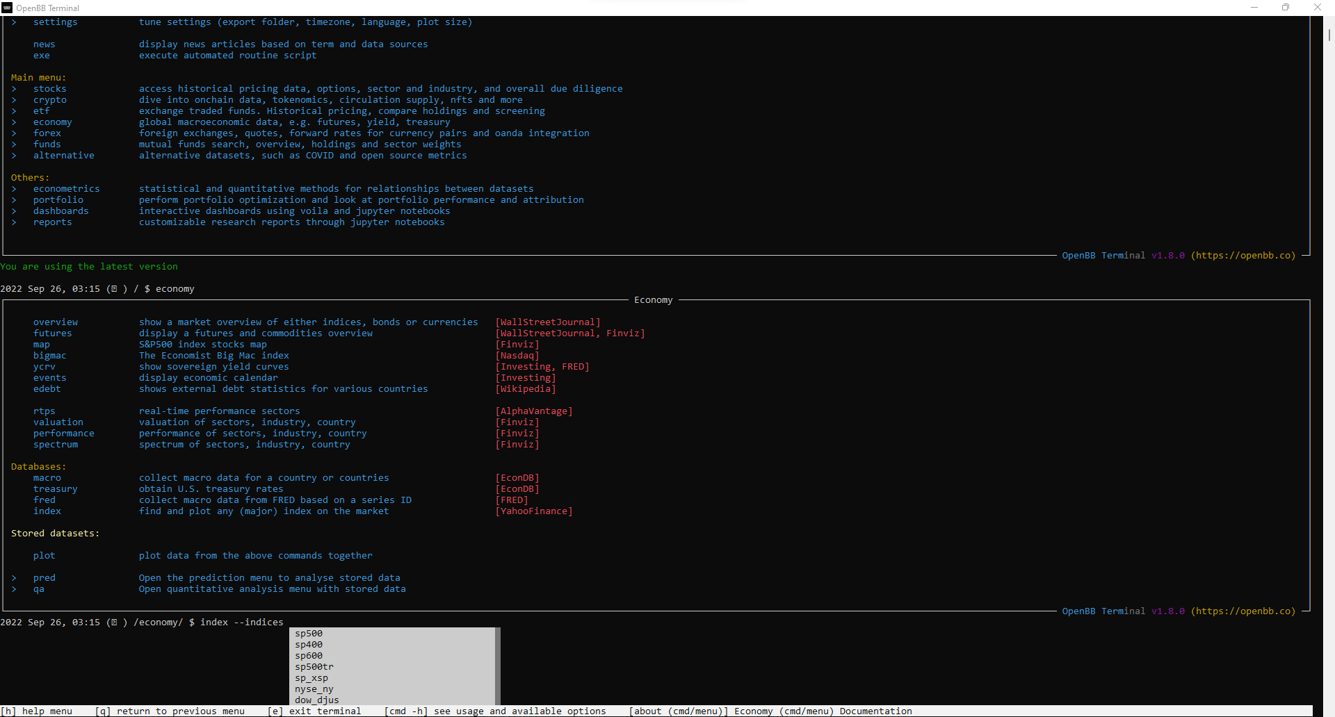 [IMPROVE] Add in the ability to search for indices within the Economy and Portfolio menu ...