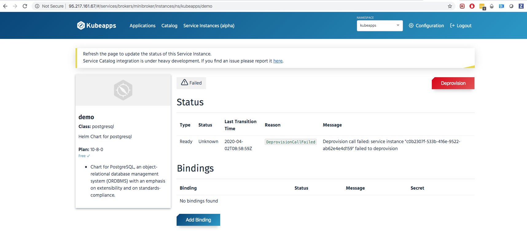 Postgresql db of minibroker cannot be provisioned · Issue #1623 · vmware-tanzu/kubeapps · GitHub