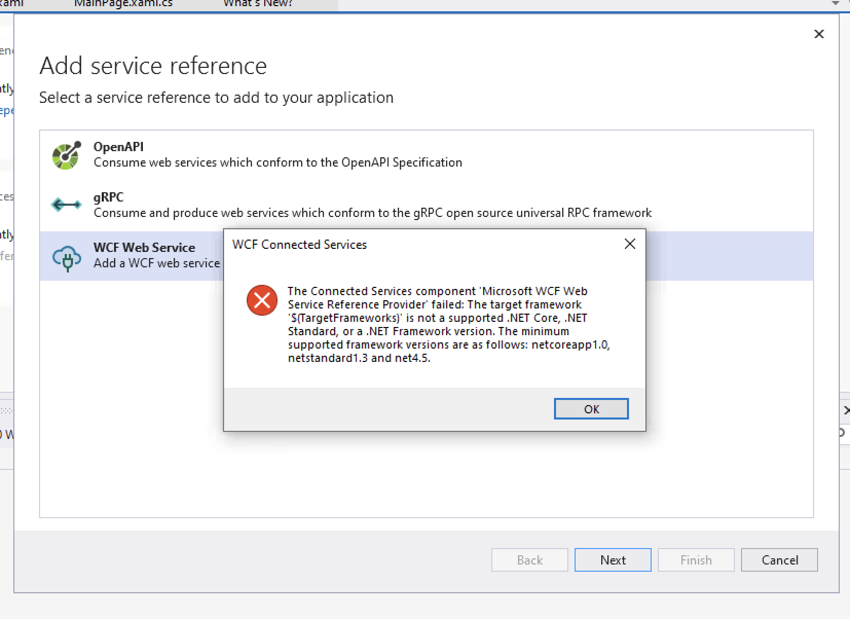 Adding a WCF Connected Service: The target framework '$(TargetFrameworks)' is not supported ...