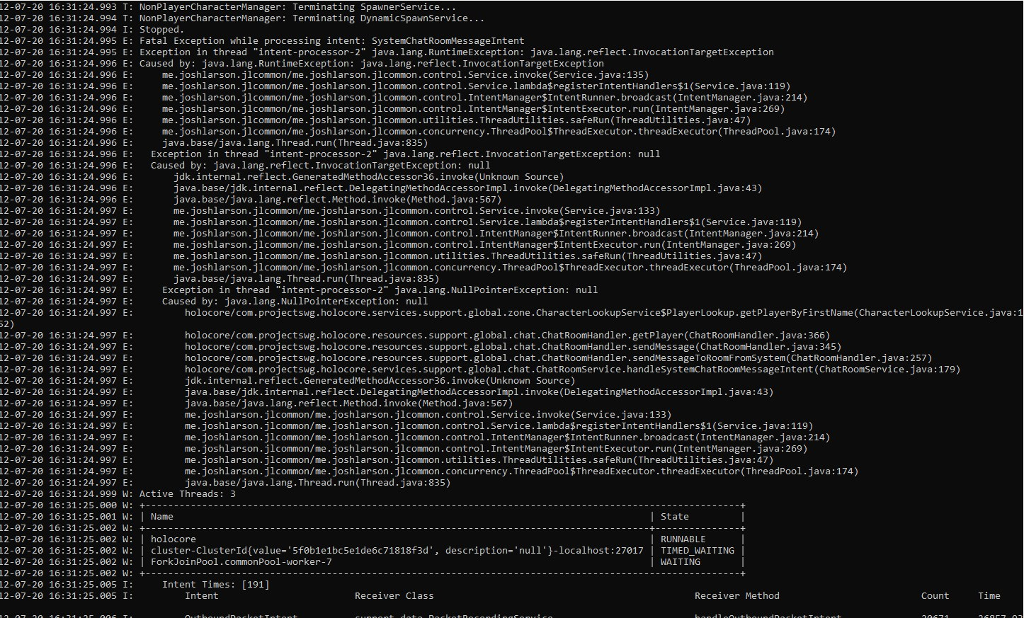 Chat room exceptions when shutting down server · Issue #251 · ProjectSWGCore/Holocore · GitHub
