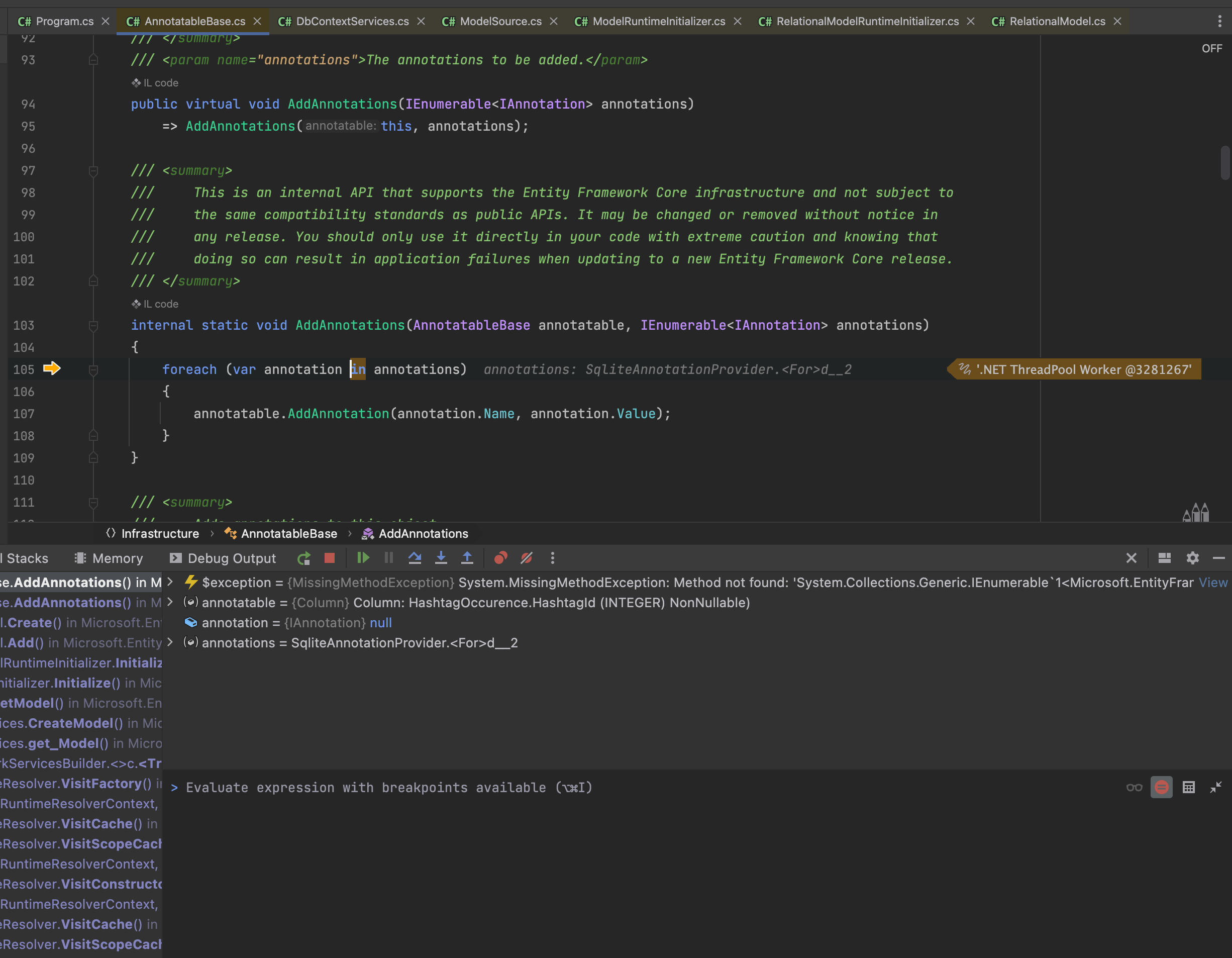 MissingMethod on CreateModel: 'System.Collections.Generic.IEnumerable`1 ...