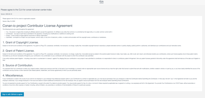[service] CLA license text is out-of-date · Issue #17986 · conan-io/conan-center-index · GitHub