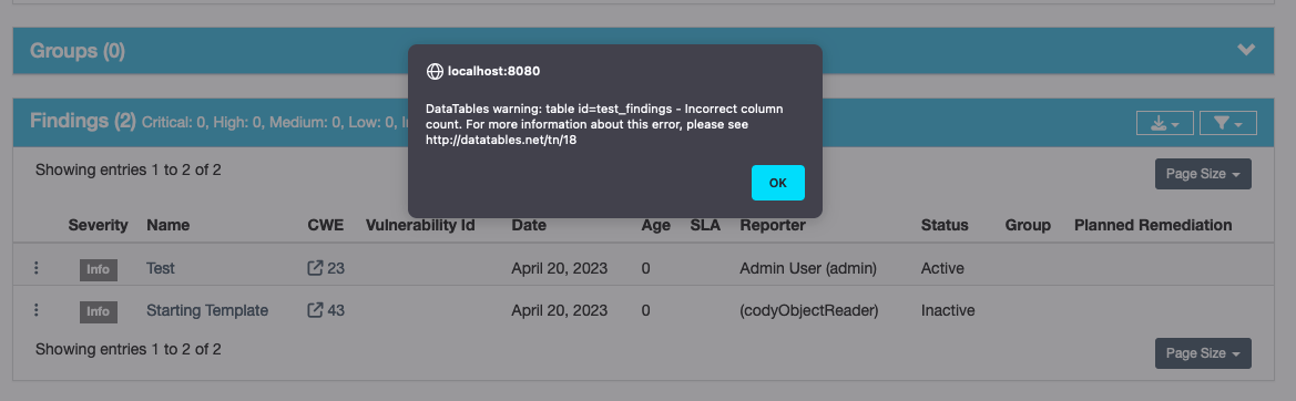 Datatables Warning Popup On Open Findings Page · Issue 7523 · Defectdojo Django Defectdojo · Github