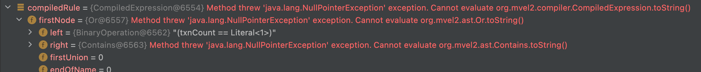 Compiled rule fails with error "Method threw 'java.lang.NullPointerException' exception. Cannot ...