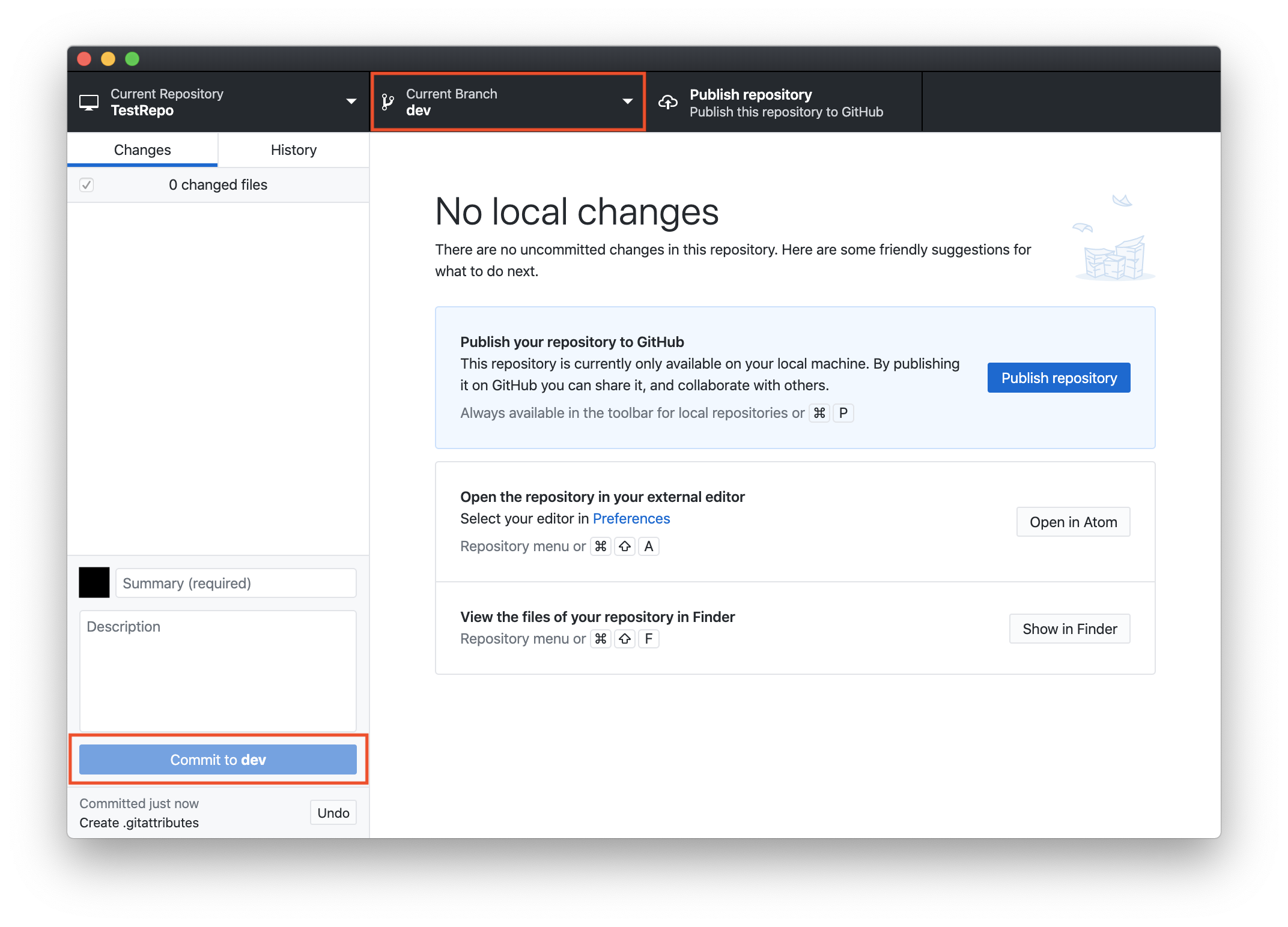 When the branch has no commits, the Commit button always says “Commit ...