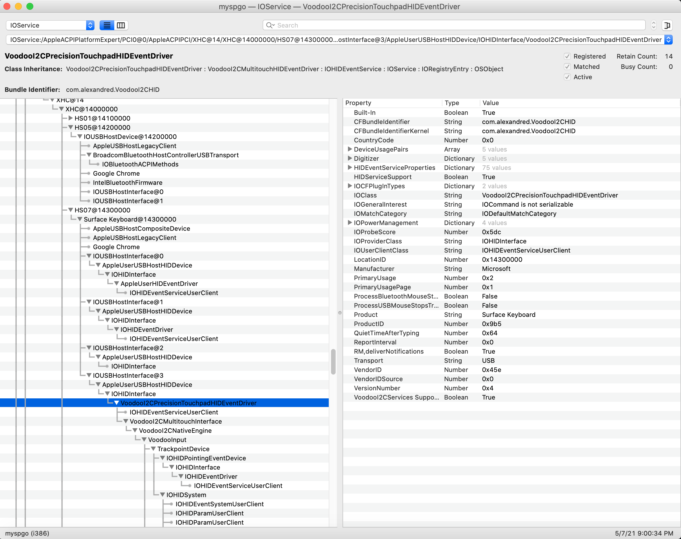 QuietTimeAfterTyping never working because VoodooI2CMultitouchHIDEventDriver::message never get ...