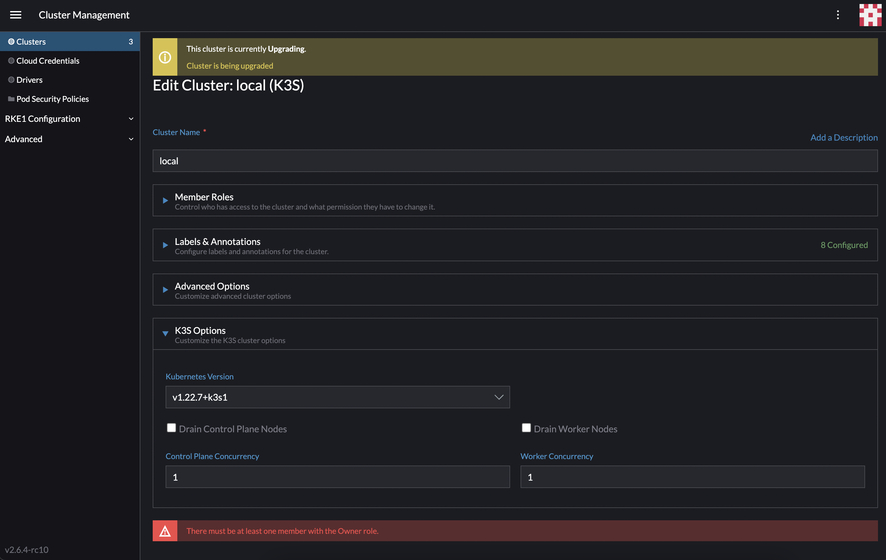 local k3s cluster upgrade shows error in UI; Upgrade is successful ...