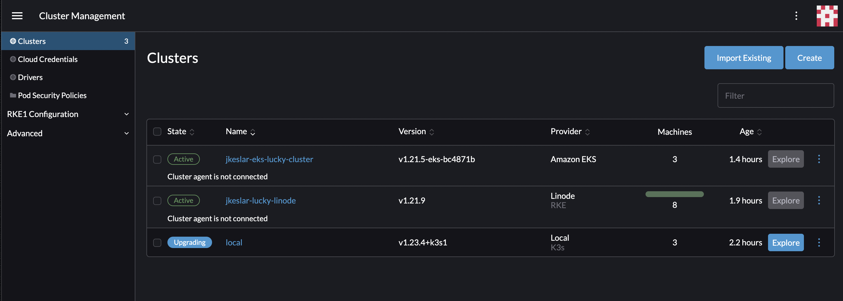 UI displays cluster `active` and `not connected` post k8s upgrade on ...