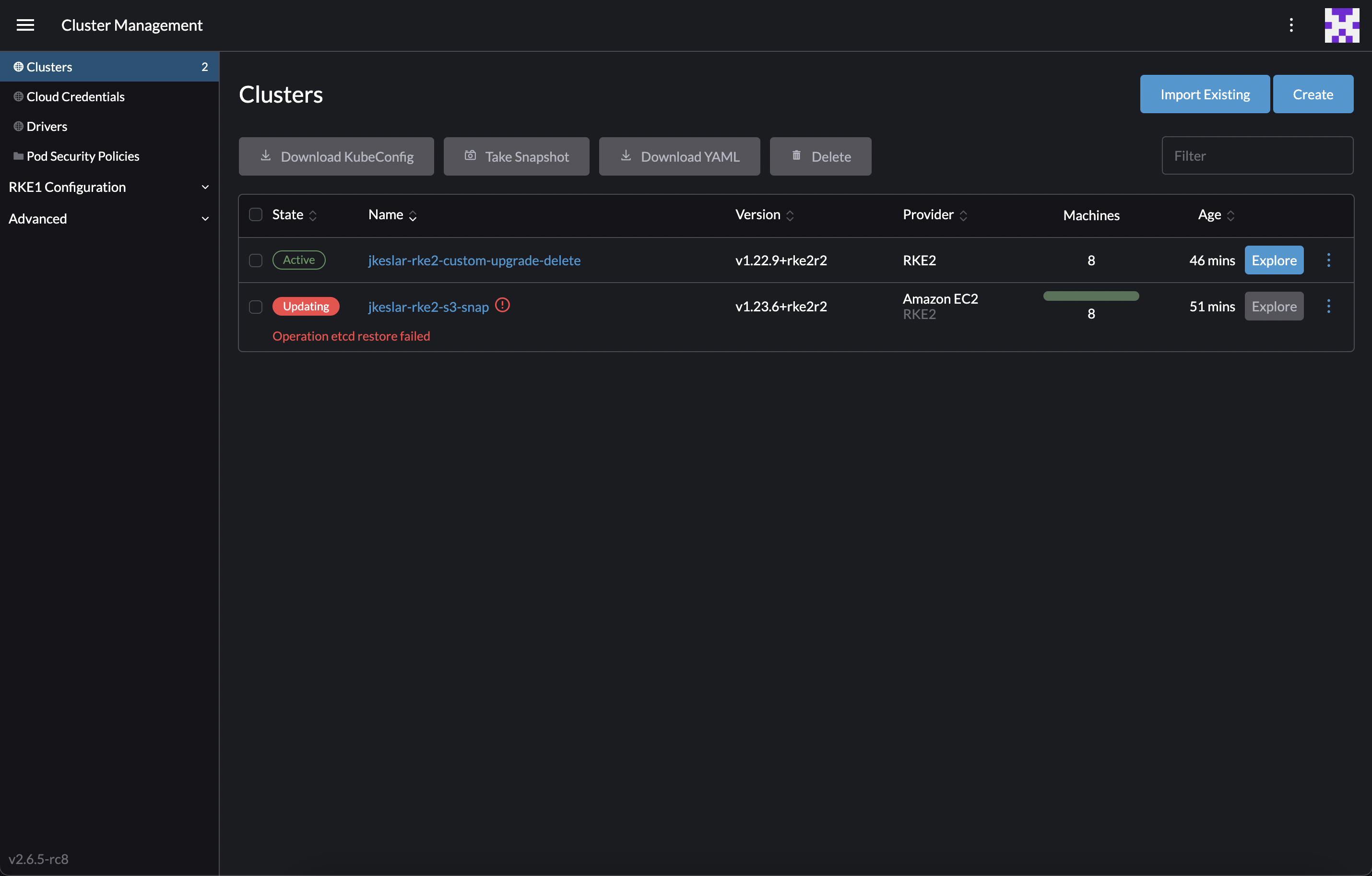 Following k8s upgrade, RKE2 Node driver cluster fails to restore `only etcd` option to s3 ...