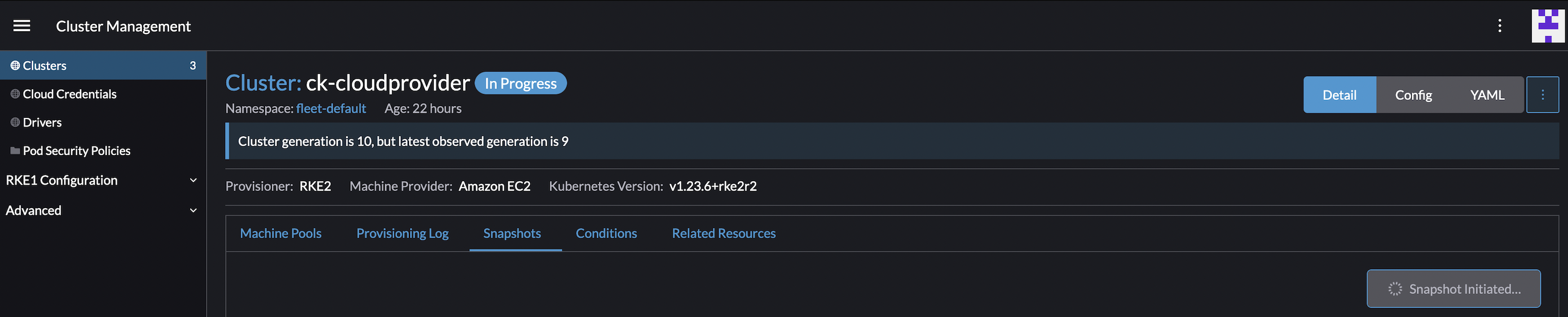 RKE2 cluster returns an unexpected message in UI while updating `Cluster generation is N, but ...